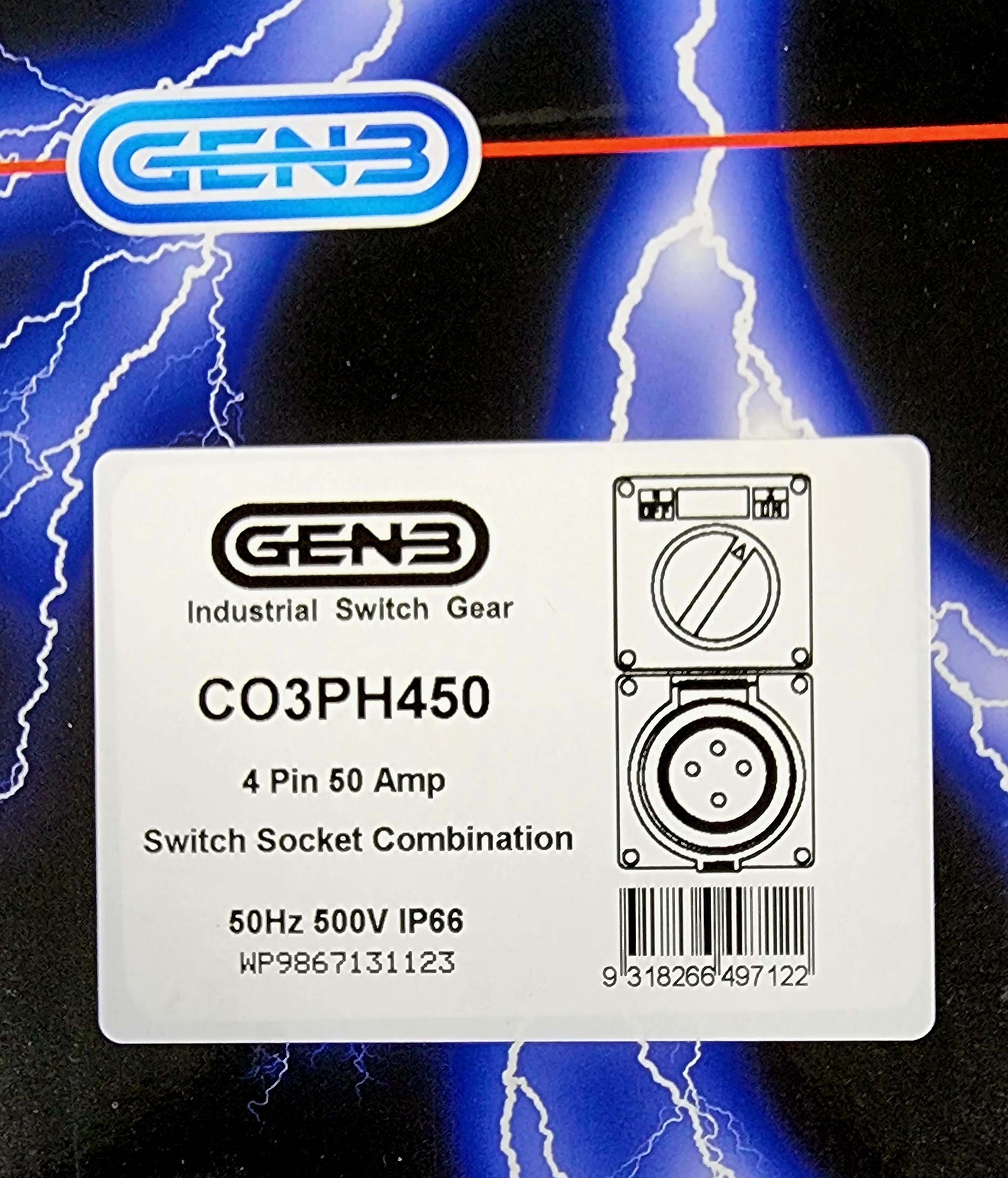 SWITCHED SOCKET OUTLET 500V 50AMP 4 ROUND PIN IP66 - Uniquip Electrical